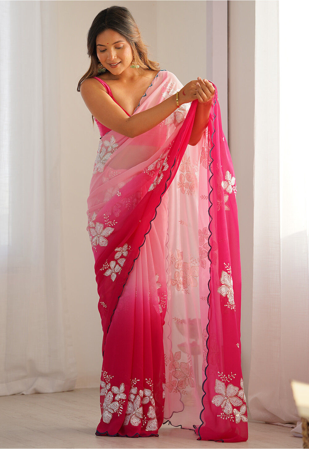 Buy Ombre Georgette Scalloped Saree in Pink Ombre Online : SPF15362 - Utsav Fashion