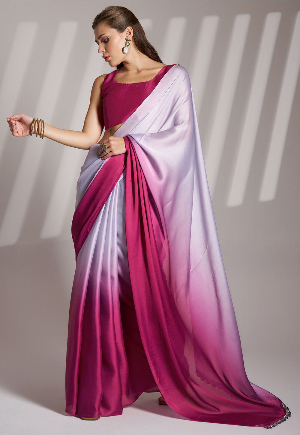 Buy Ombre Satin Saree in Shaded White and Fuchsia Online : SPF13681 ...