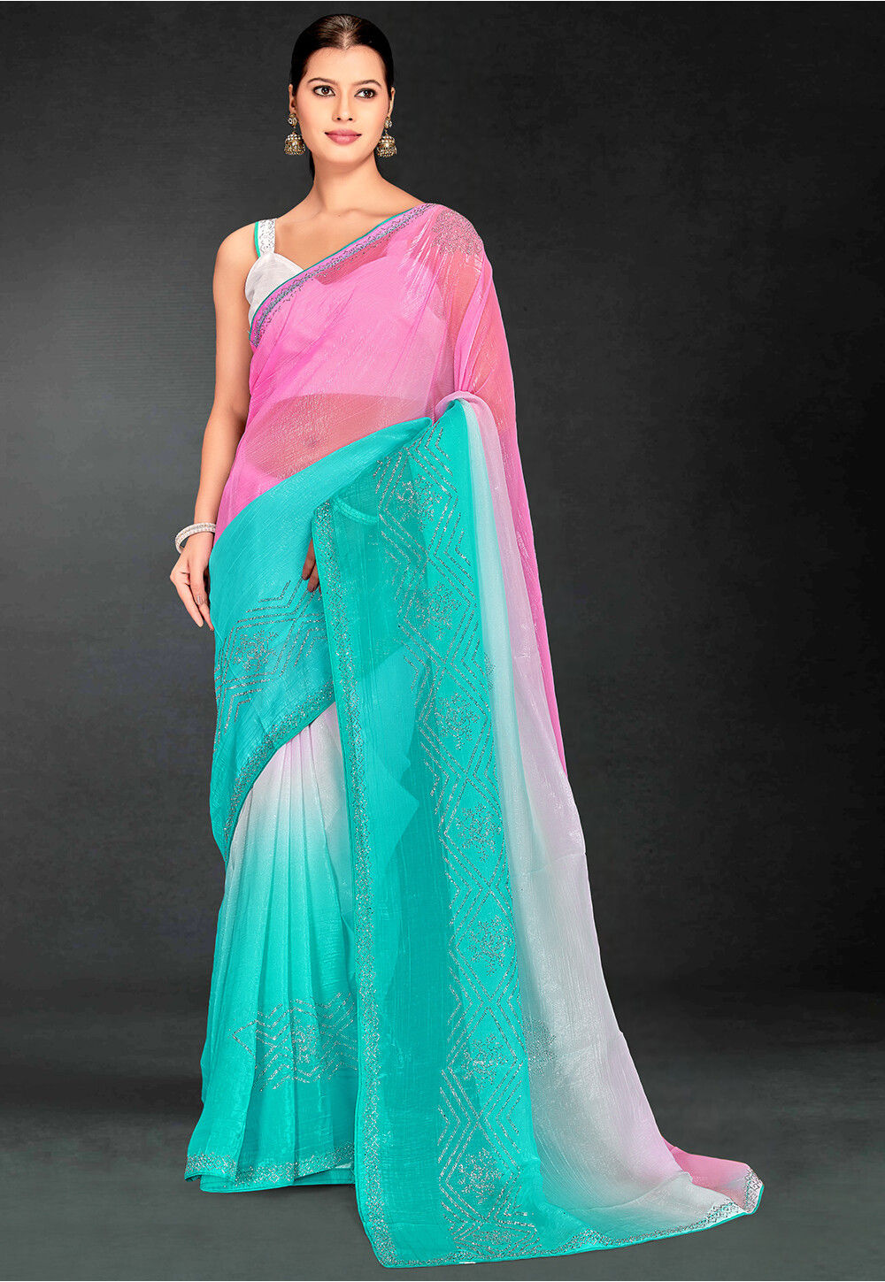 Buy Ombre Tissue Silk Saree in Shaded Pink and Turquoise Online ...