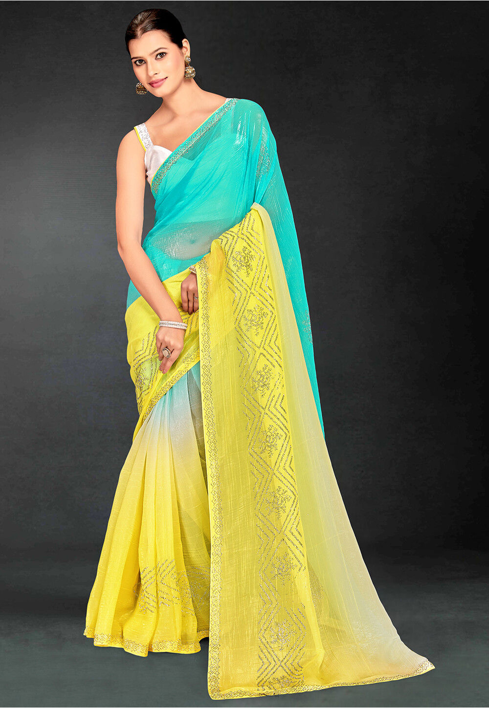 Buy Ombre Tissue Silk Saree in Shaded Turquoise and Yellow Online ...