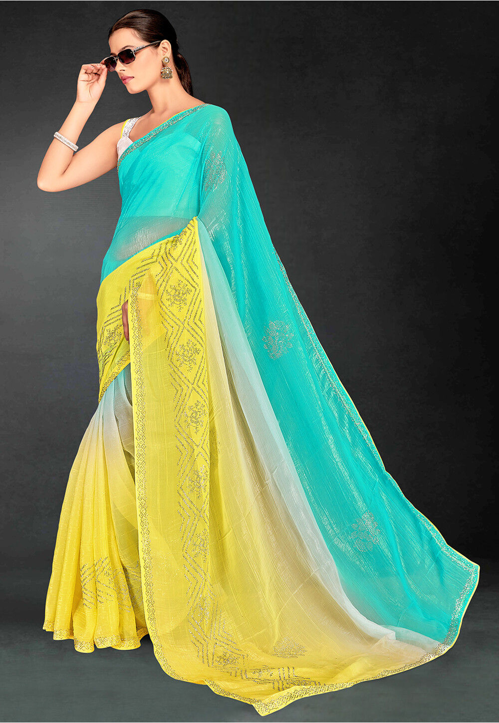 Buy Ombre Tissue Silk Saree in Shaded Turquoise and Yellow Online ...