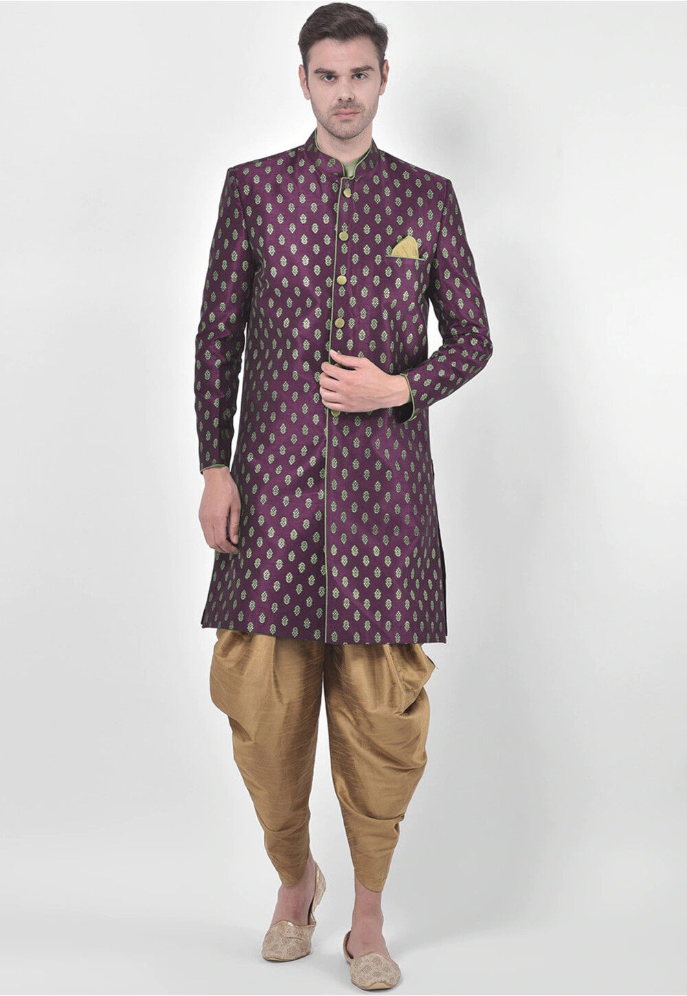 Buy Ornamental Printed Dupion Silk Dhoti Sherwani in Dark Purple Online ...