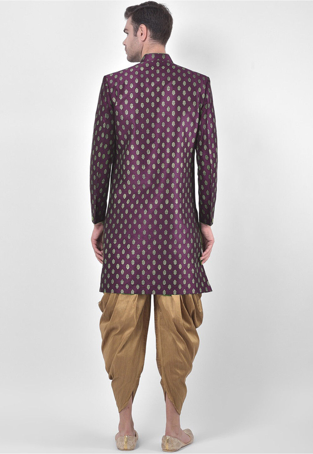 Buy Ornamental Printed Dupion Silk Dhoti Sherwani in Dark Purple Online ...