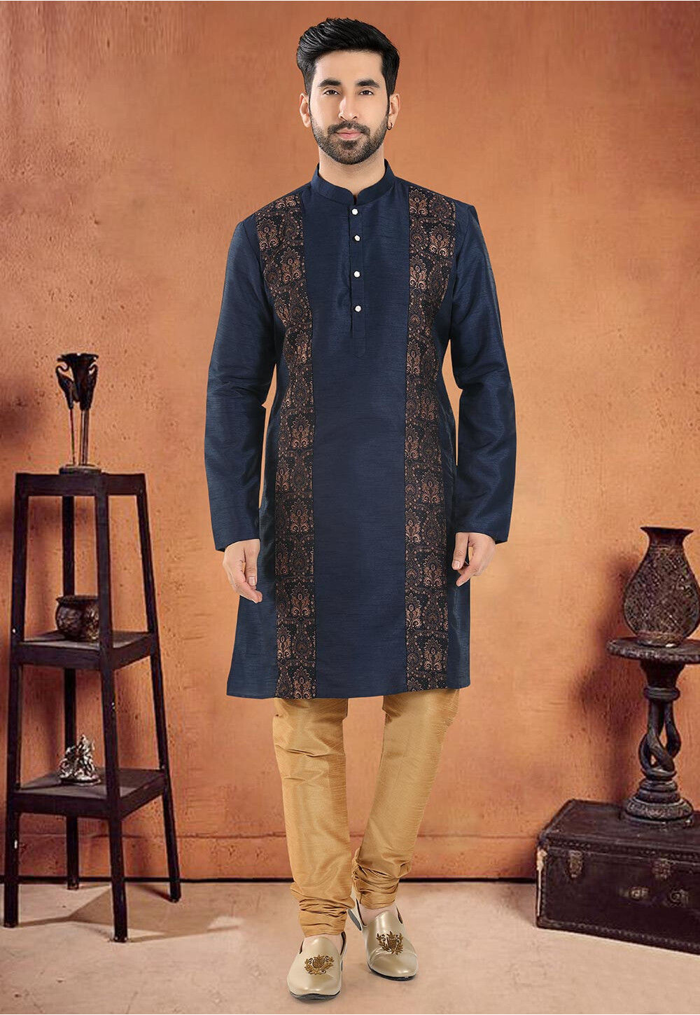 Buy Patch Border Art Silk Kurta Set in Navy Blue Online : MUY1836 ...
