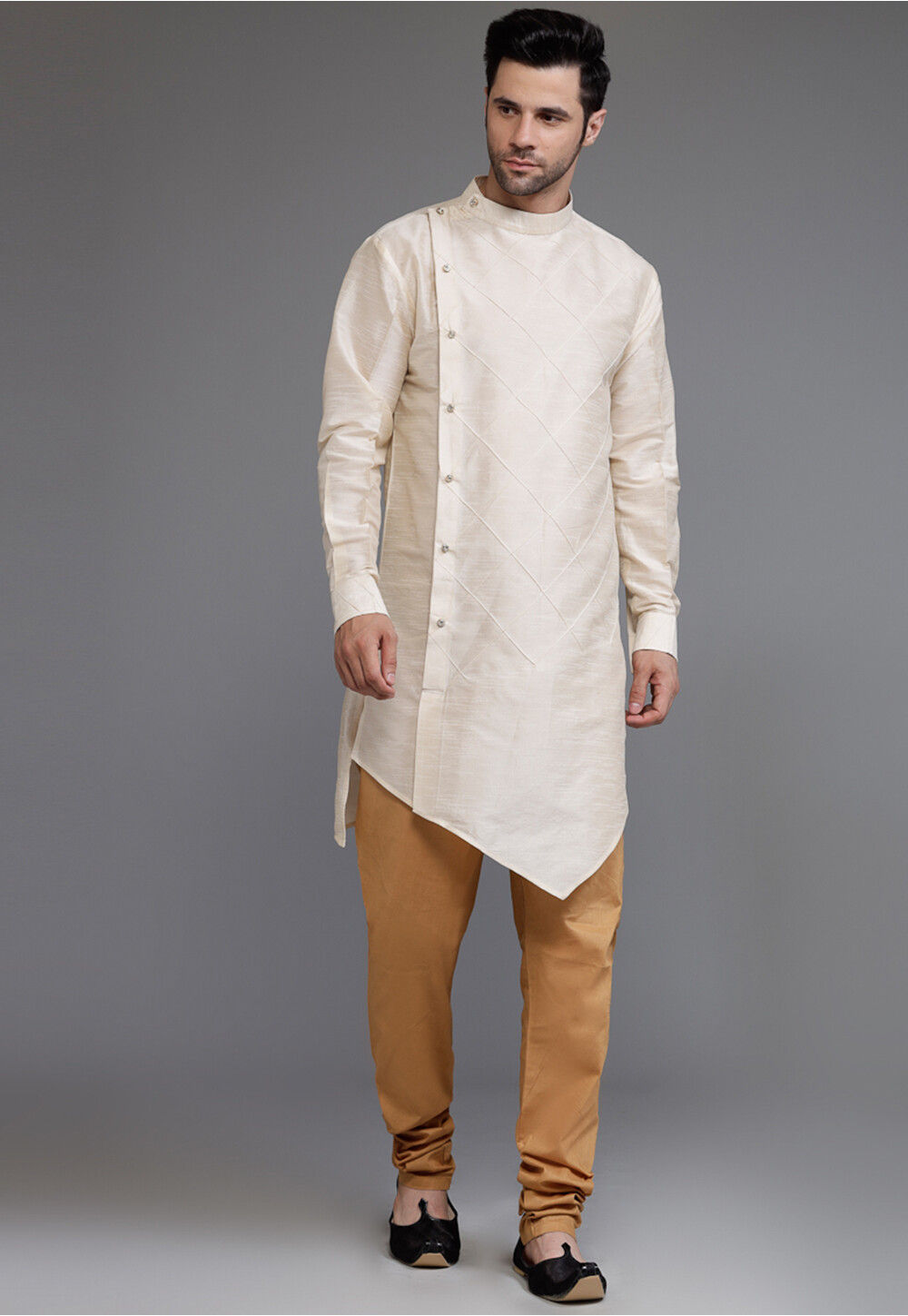 Buy Pintucked Art Silk Asymmetric Kurta Set in Off White Online ...