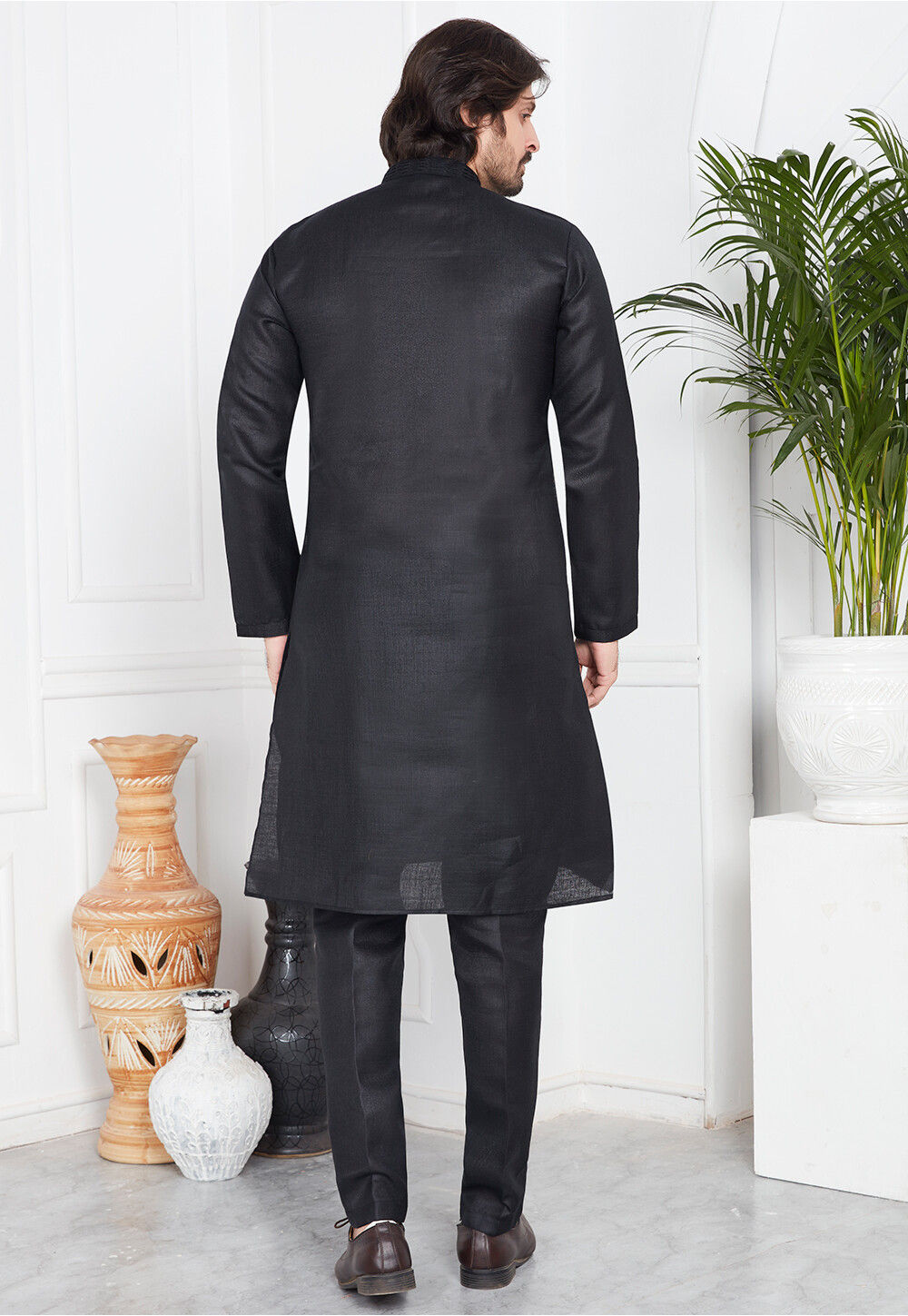 Buy Pintucked Linen Cotton Kurta Set in Black Online : MLY3138 - Utsav ...