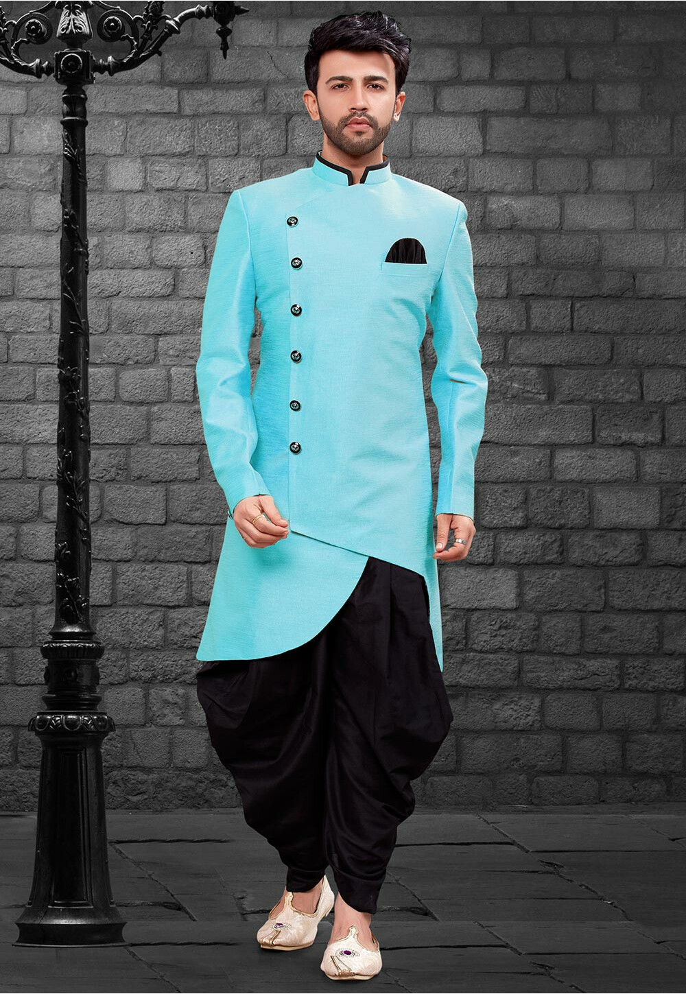 Buy Plain Art Silk Asymmetric Dhoti Sherwani in Sky Blue Online ...