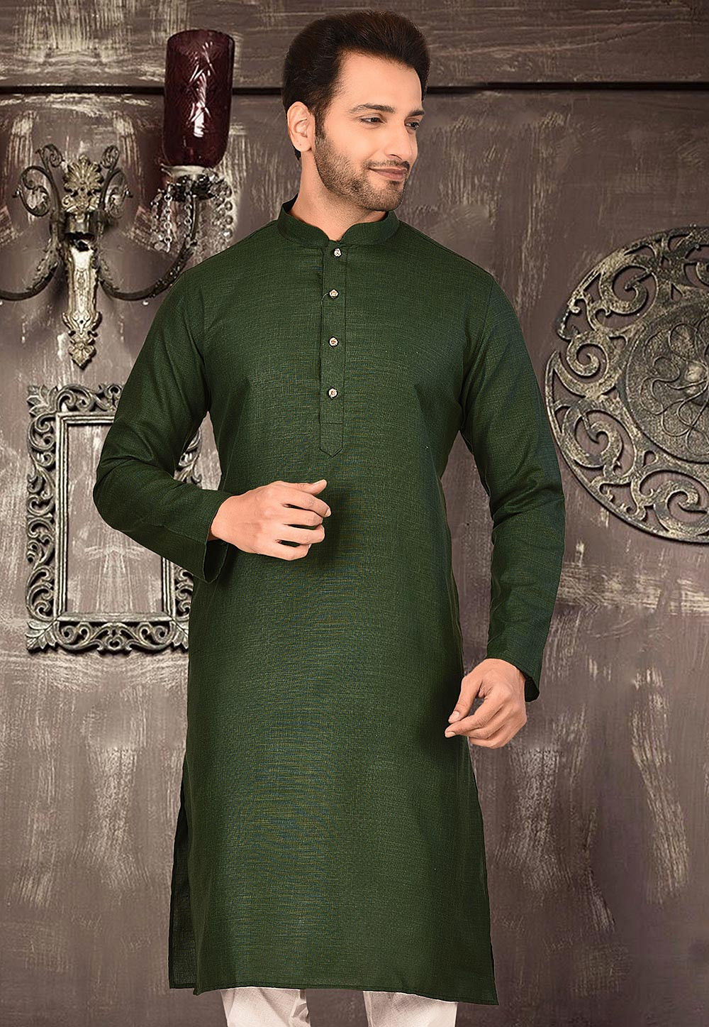 Buy Plain Cotton Kurta in Dark Green Online : MLC544 - Utsav Fashion