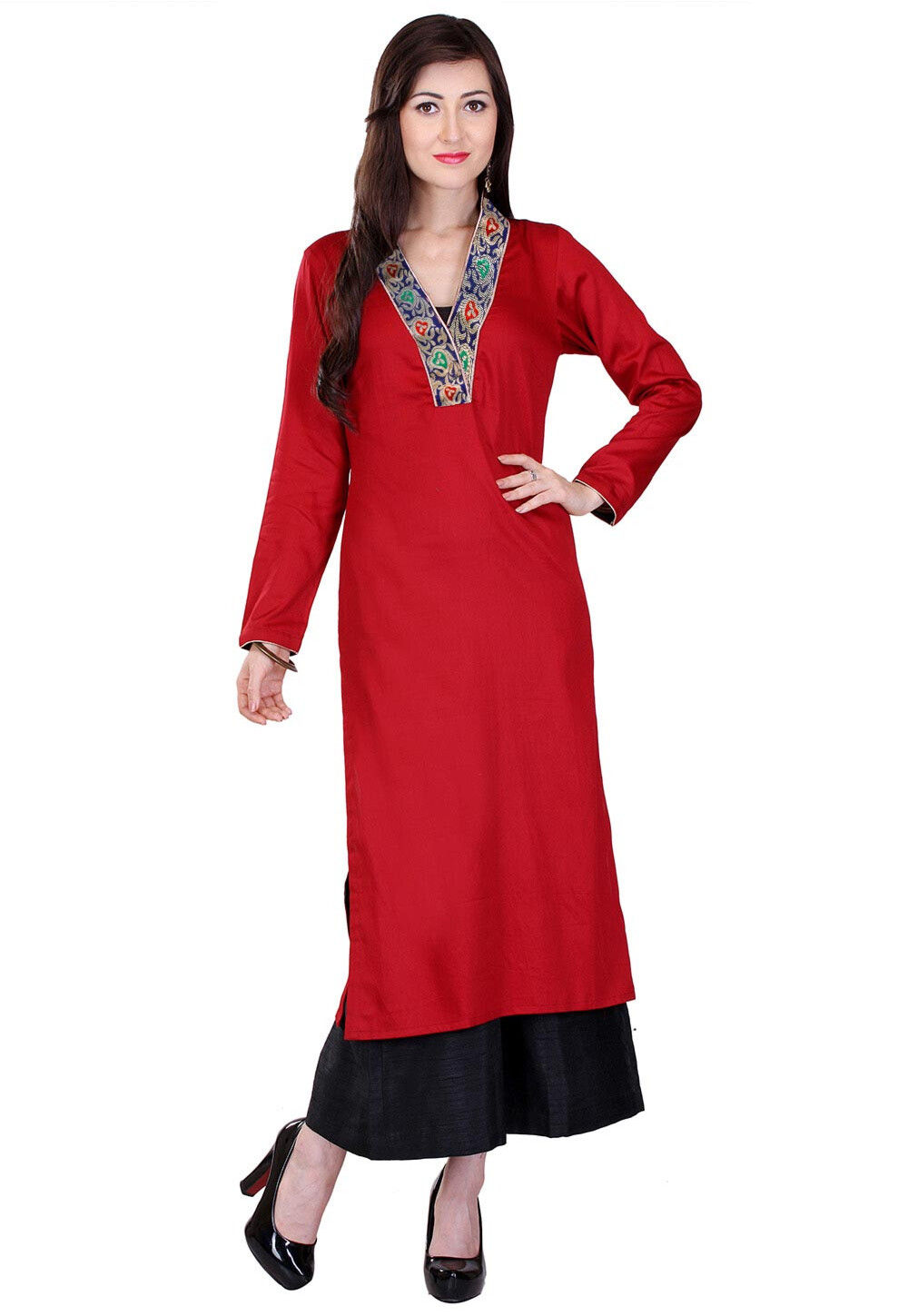 Buy Plain Cotton Silk and Art Silk Brocade Long Kurta in Maroon Online ...