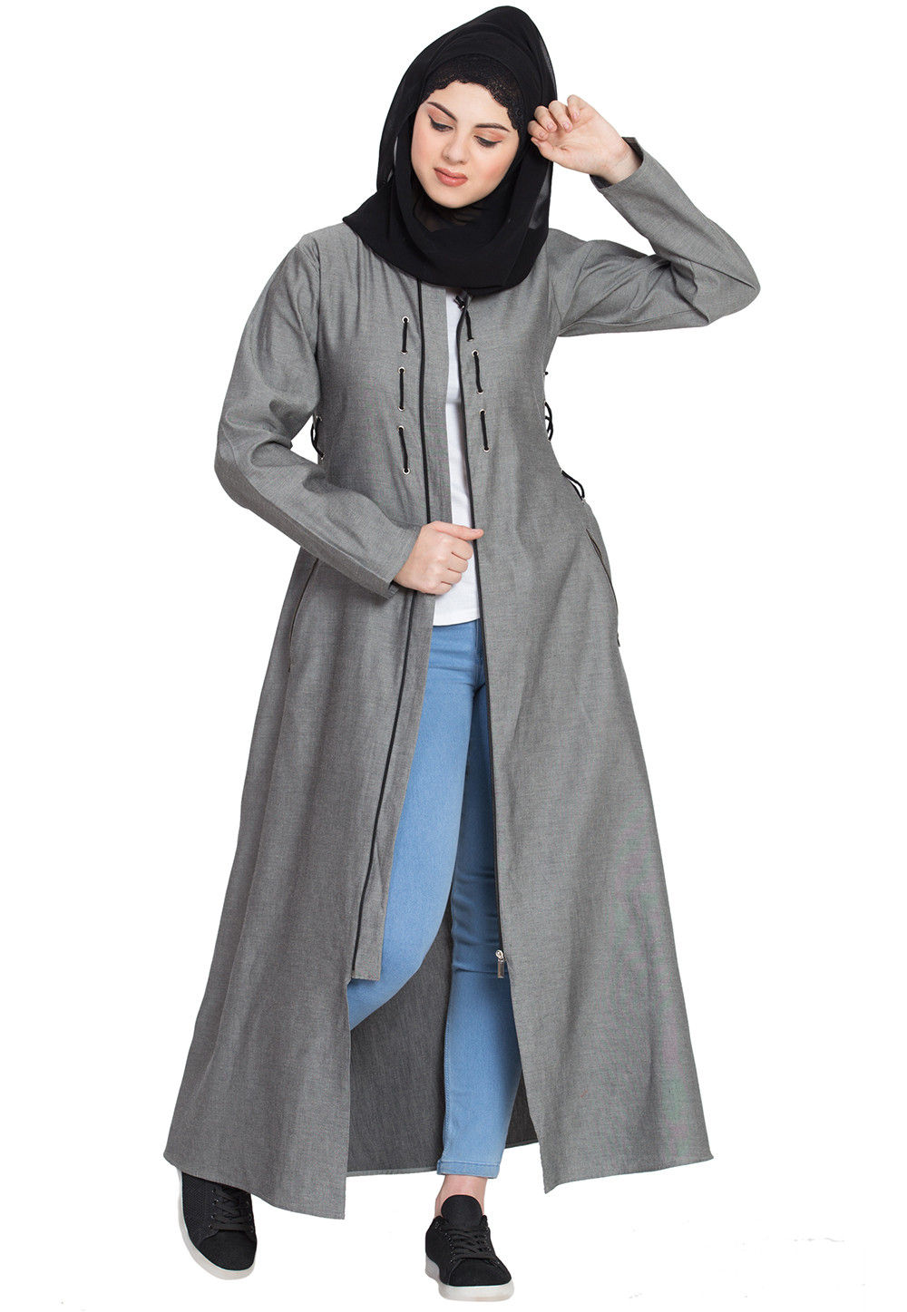 Buy Plain Denim Abaya in Grey Online : QRP338 - Utsav Fashion