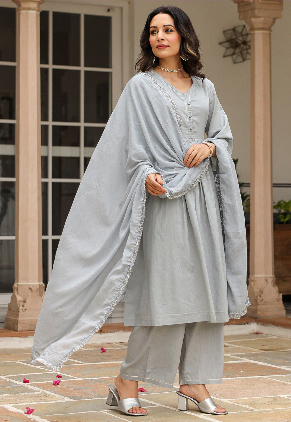 Buy Plain Pure Cotton Anarkali Suit in Grey Online : KMM348 - Utsav Fashion