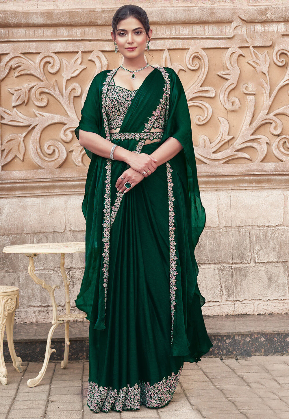 Buy Pre Stitched Chiffon Saree in Dark Green Online : SBHA3723 - Utsav ...