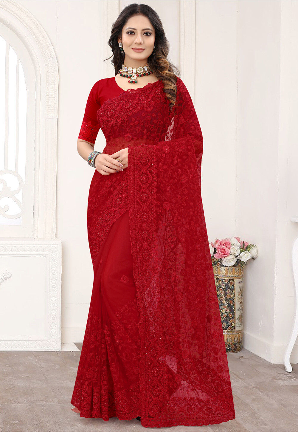 Buy Pre Stitched Net Scalloped Saree in Maroon Online : SUF10662 ...