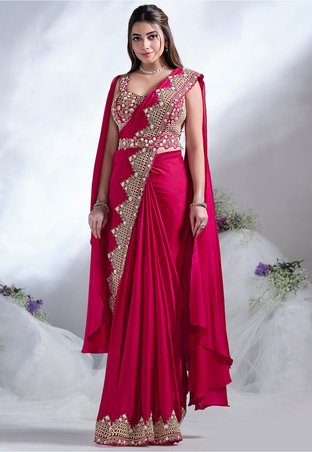 Buy Pre Stitched Satin Crepe Saree in Red Online : SBHA3462 - Utsav Fashion