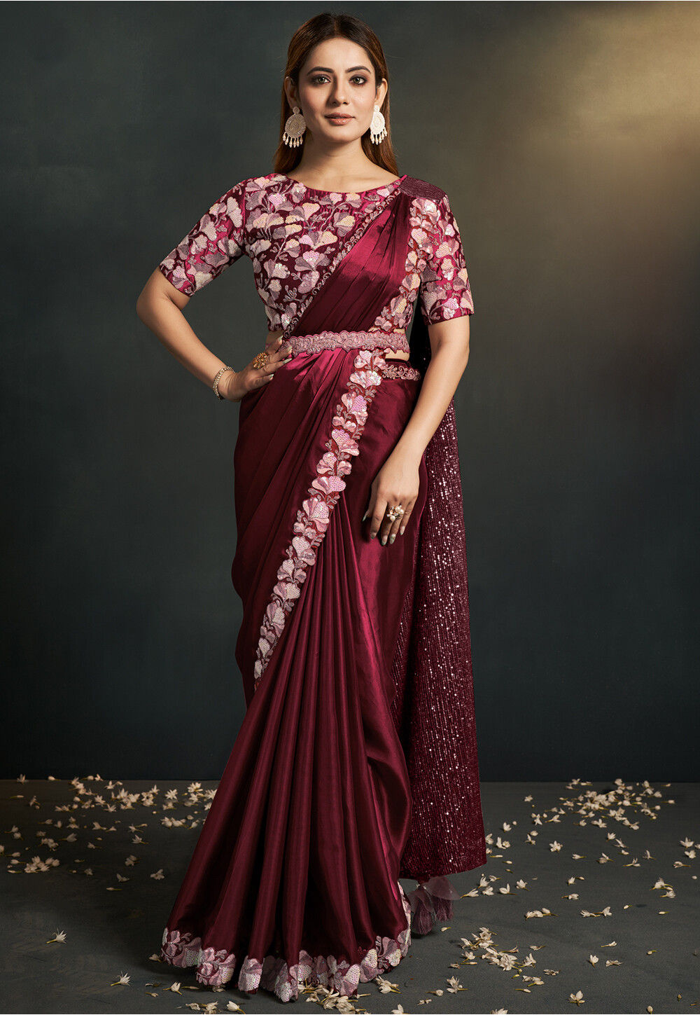 Buy Pre Stitched Satin Saree in Maroon Online : SBHA2957 - Utsav Fashion
