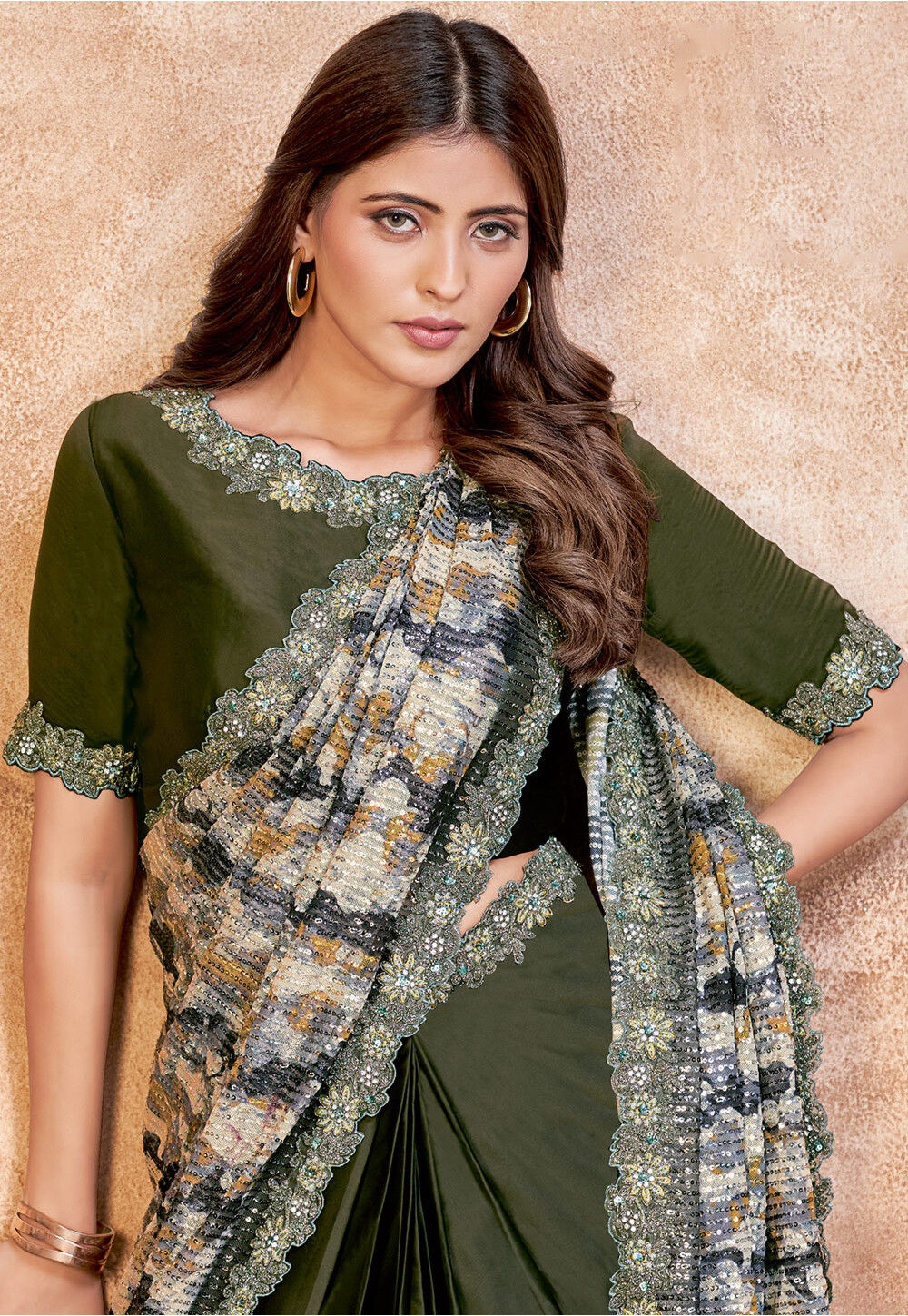 Buy Pre Stitched Satin Saree in Olive Green Online : SBHA3362 - Utsav Fashion