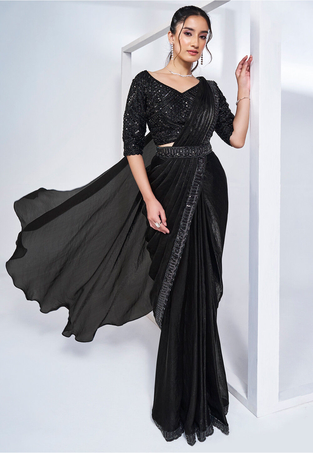 Buy Pre Stitched Satin Silk Saree in Black Online : SBHA3567 - Utsav ...