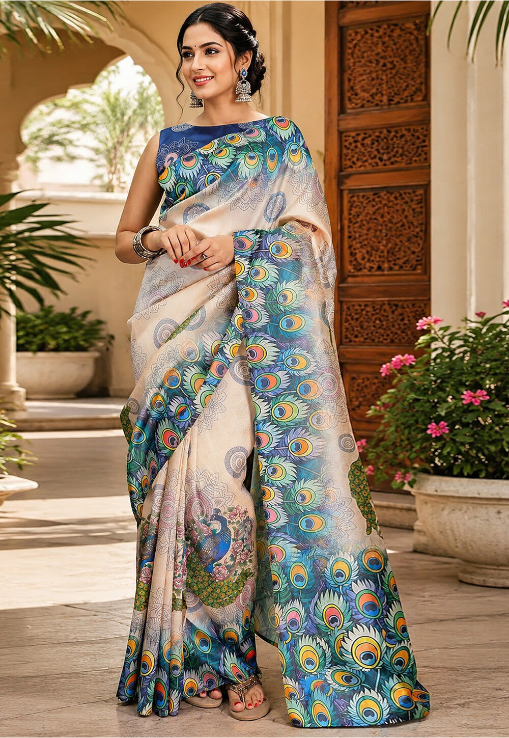 Buy Pre-stitched Chanderi Cotton Saree in Cream Online : SEJ2469 ...