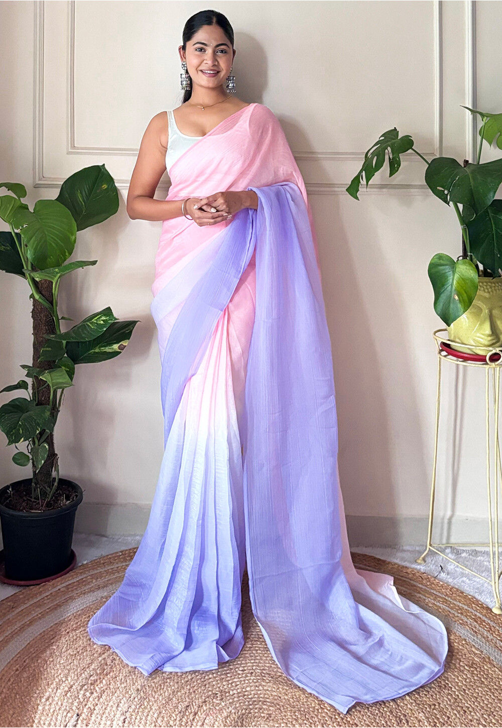 Buy Pre-stitched Chinon Chiffon Saree in Shaded Peach and Purple Online ...