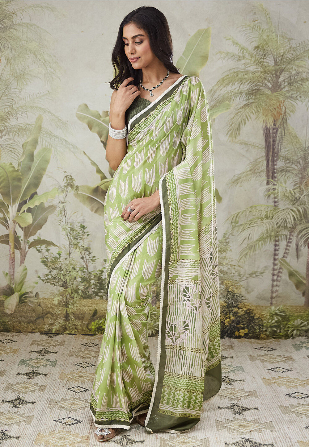 Buy Pre-stitched Muslin Silk Saree in Light Green Online : SPF15440 ...