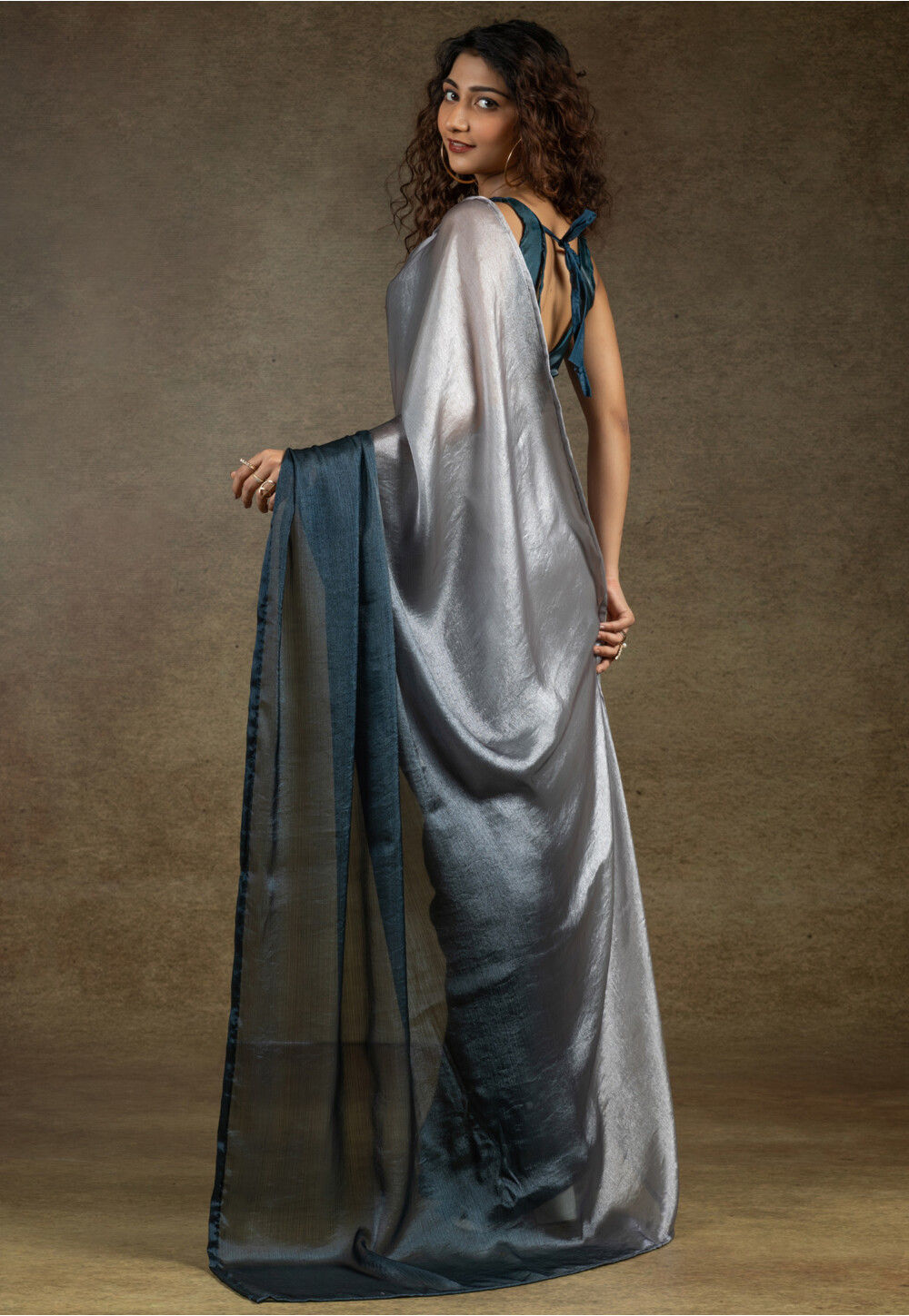 Buy Pre-stitched Satin Chiffon Shimmer Saree in Shaded Grey and Blue ...