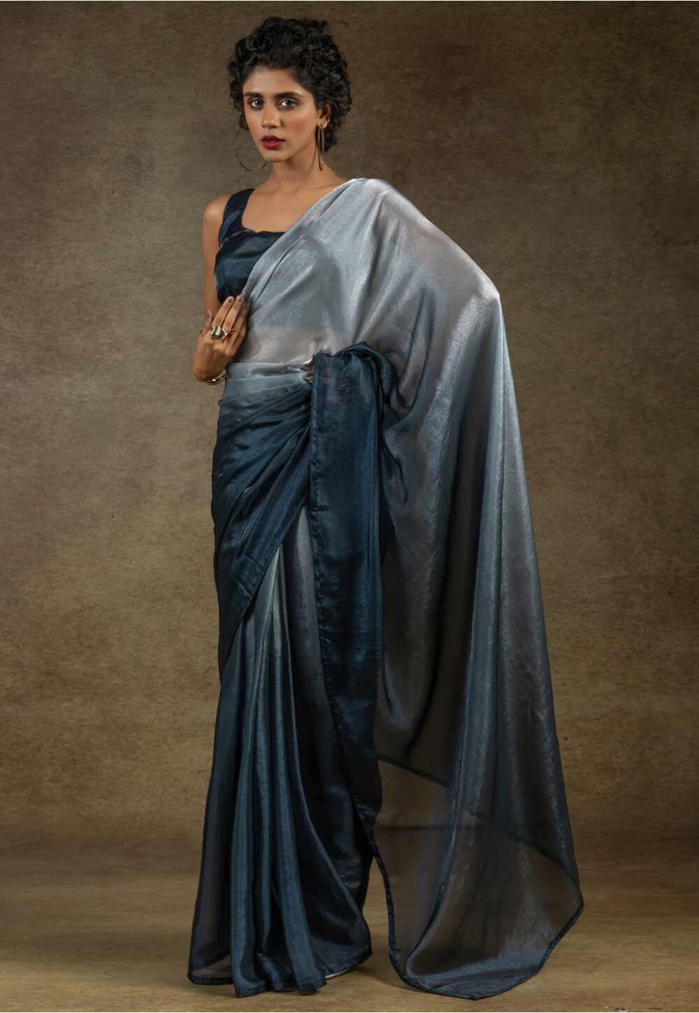 Buy Pre-stitched Satin Chiffon Shimmer Saree in Shaded Grey and Blue ...