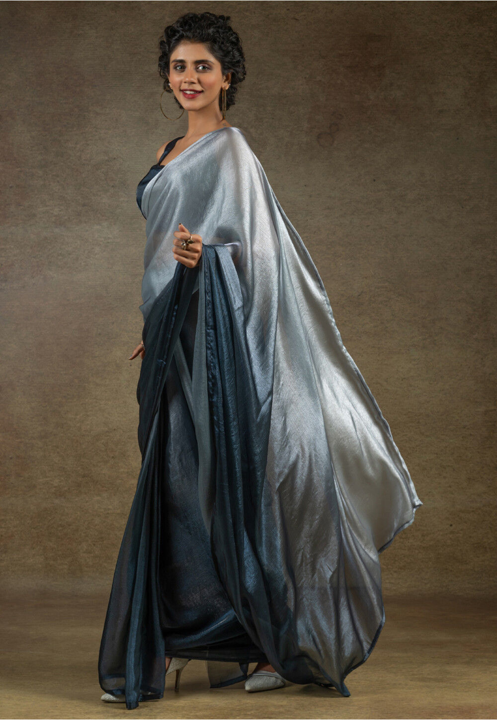 Buy Pre-stitched Satin Chiffon Shimmer Saree in Shaded Grey and Blue ...