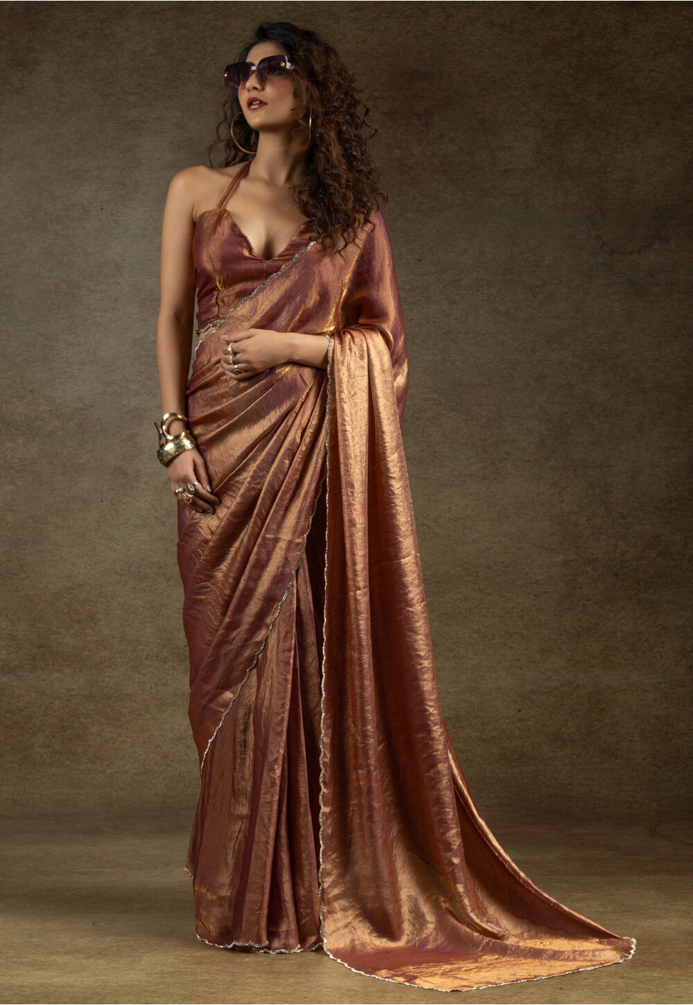 Buy Pre-stitched Tissue Scalloped Saree in Rust Online : SCBA6013 ...
