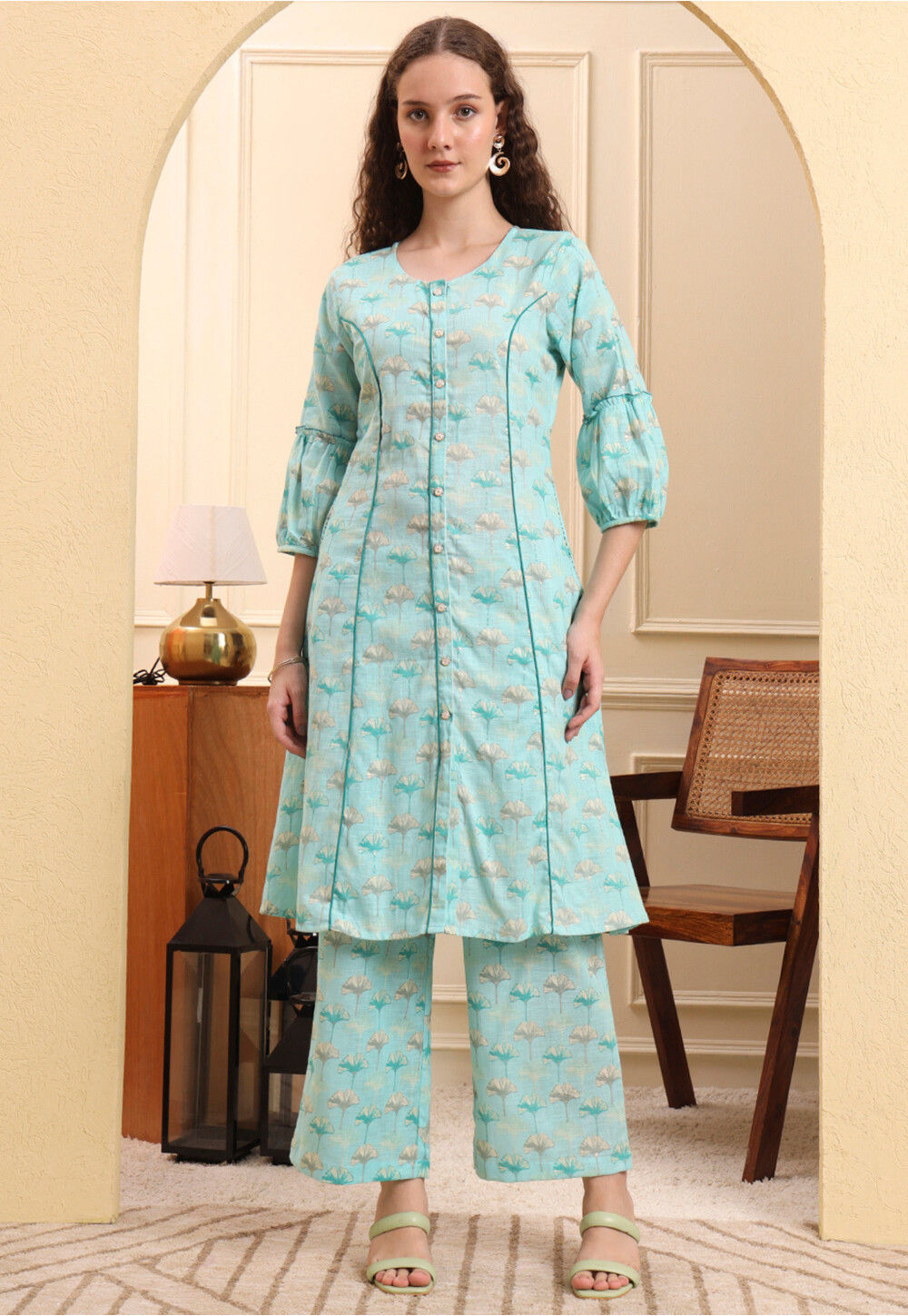 Buy Printed Art Linen A Line Kurta Set in Pastel Green Online : TXR1446 ...
