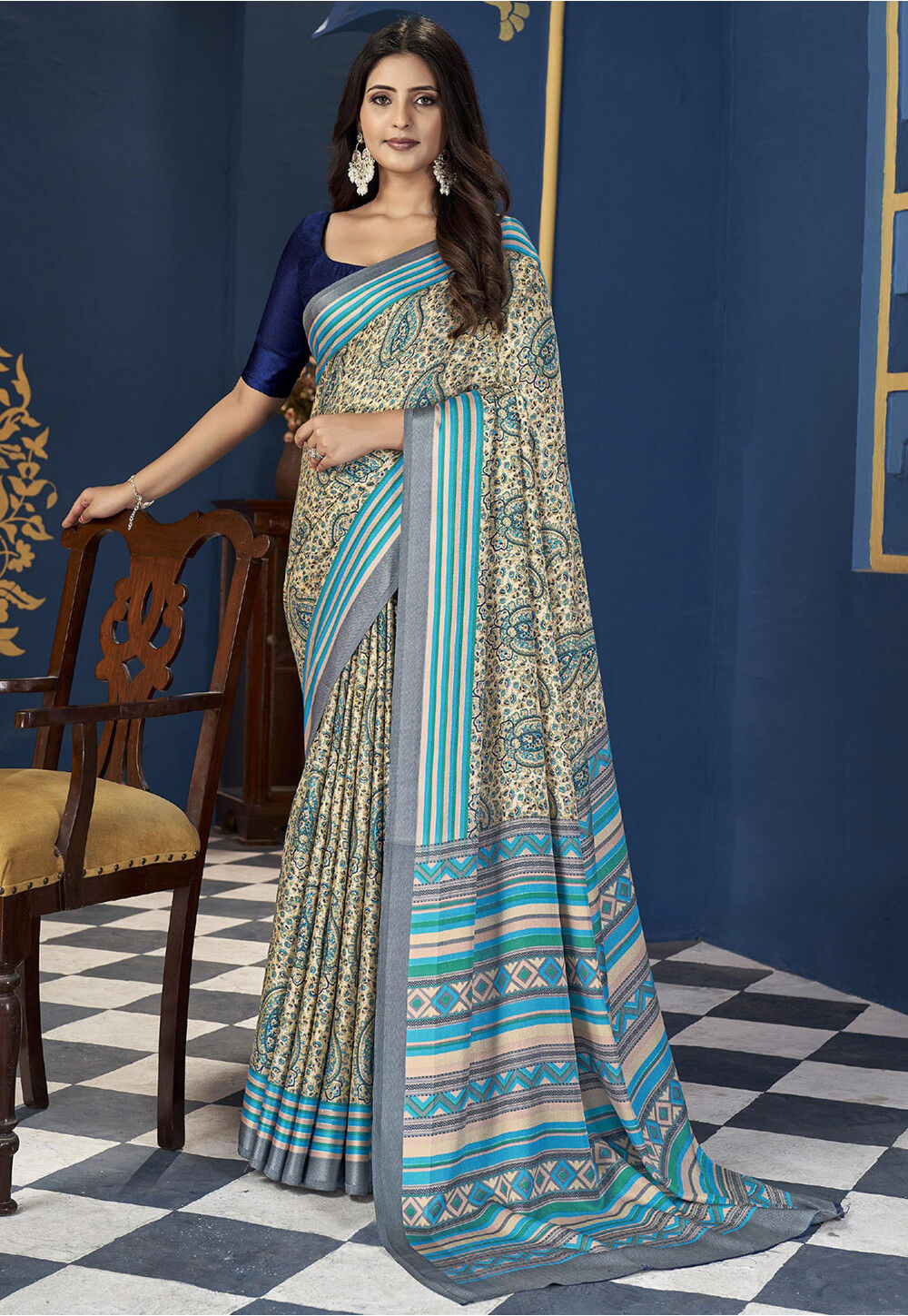 Buy Printed Art Pashmina Silk Saree in Cream and Blue Online : SEW15480 ...