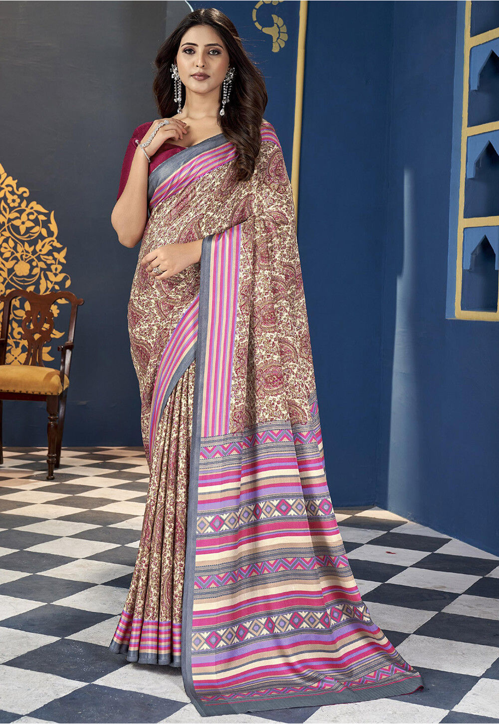 Buy Printed Art Pashmina Silk Saree in Cream and Purple Online ...