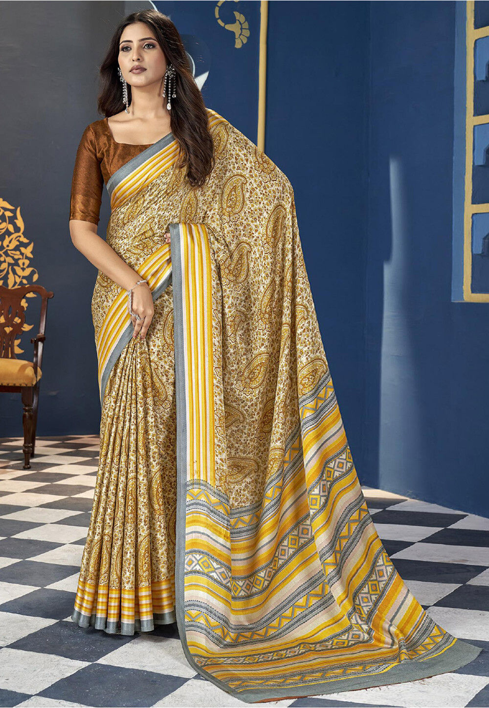 Buy Printed Art Pashmina Silk Saree in Cream and Yellow Online ...