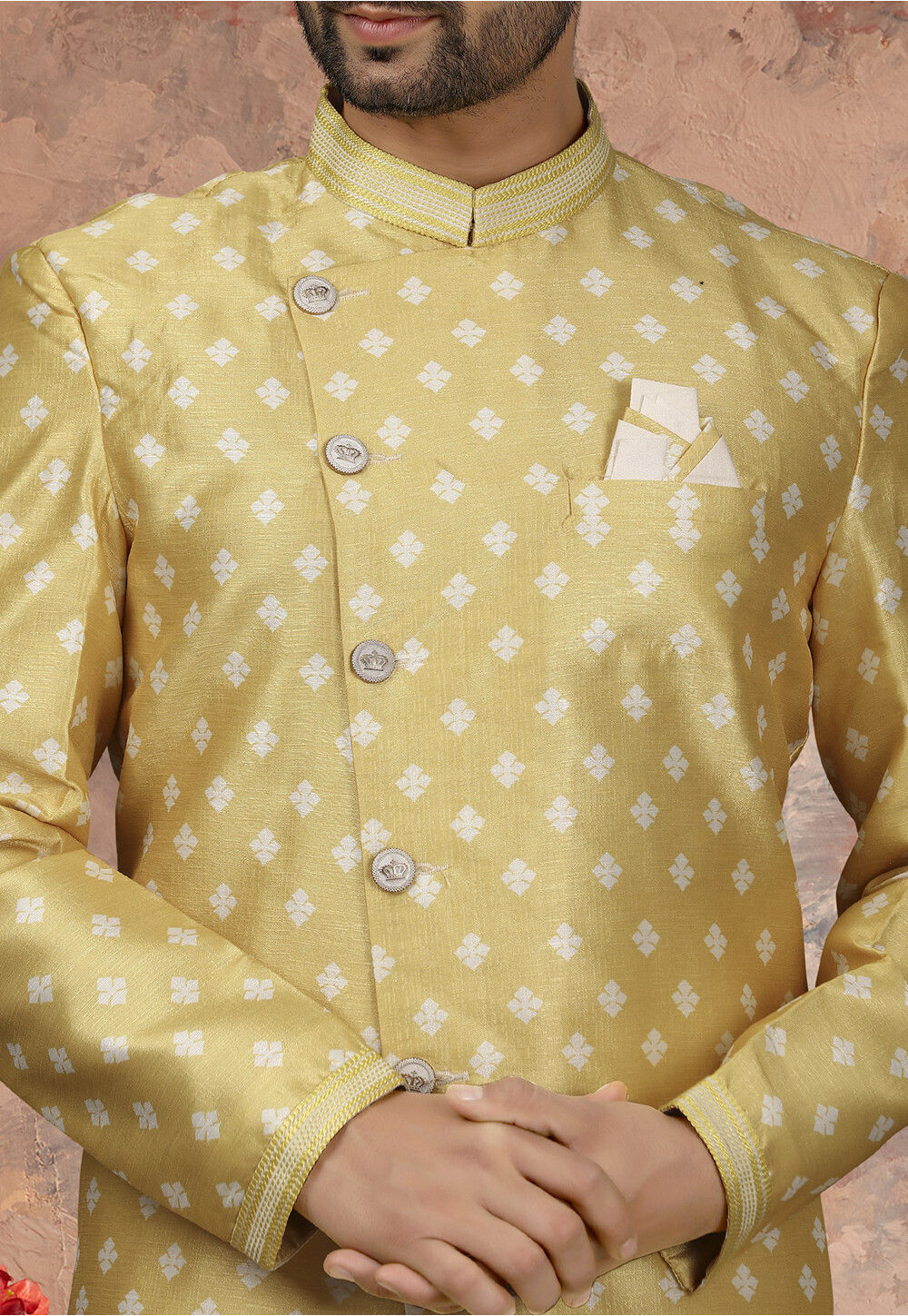Buy Printed Art Silk Asymmetric Sherwani in Yellow Online : MUX719 ...