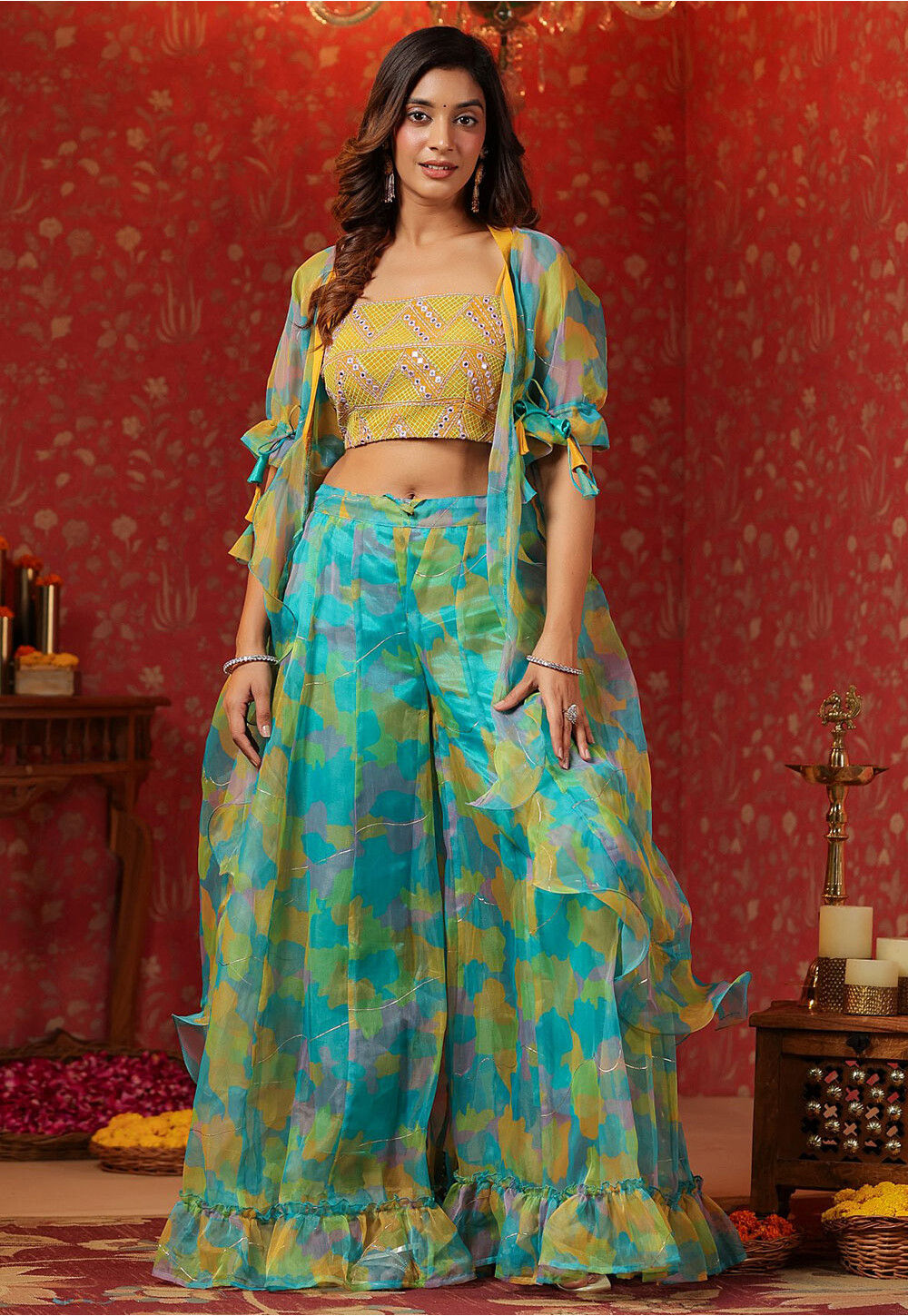 Buy Printed Art Silk Crop Top Set in Mustard Online : TQW103 - Utsav ...
