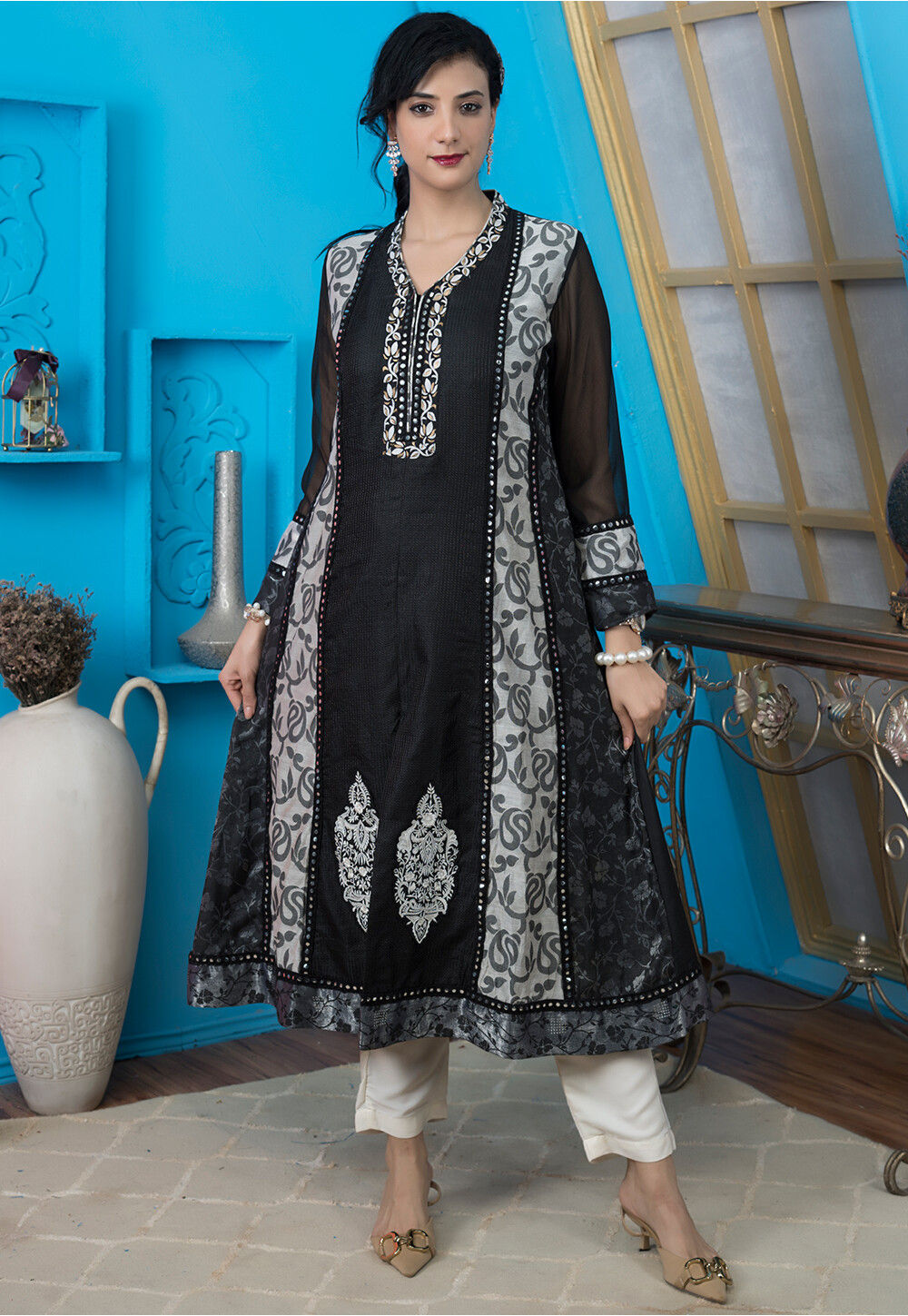 Buy Printed Art Silk Handloom Aline Kurta Set in Black Online : TNC2000 ...