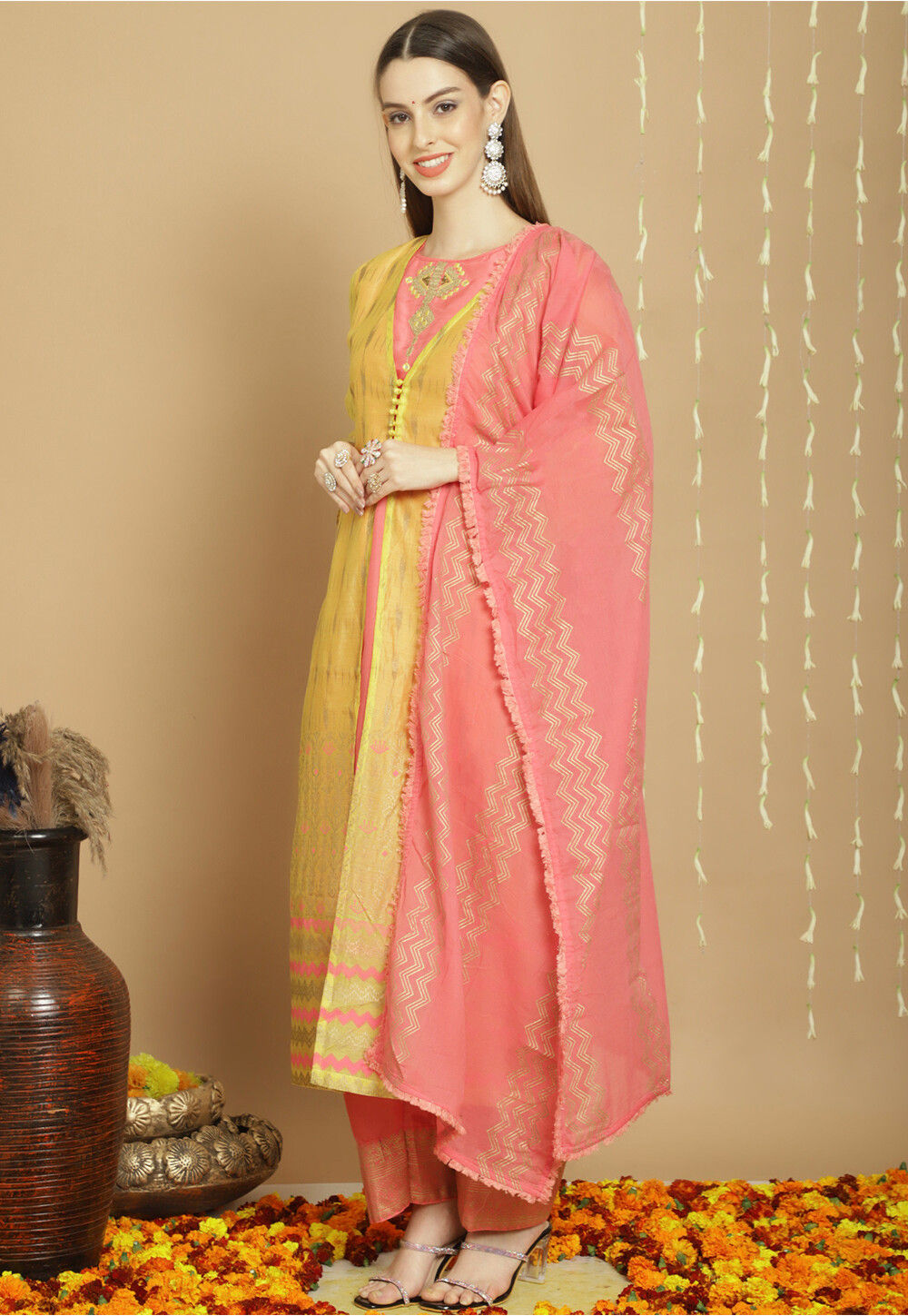 Buy Printed Art Silk Jacket Style Pakistani Suit in Mustard Online ...