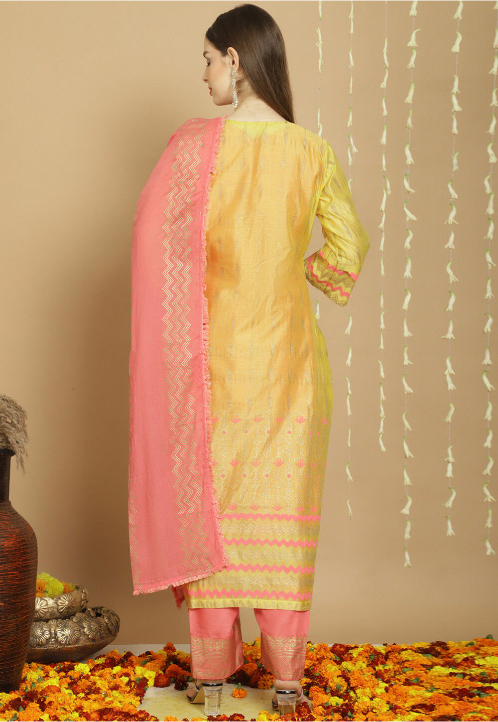 Buy Printed Art Silk Jacket Style Pakistani Suit in Mustard Online ...