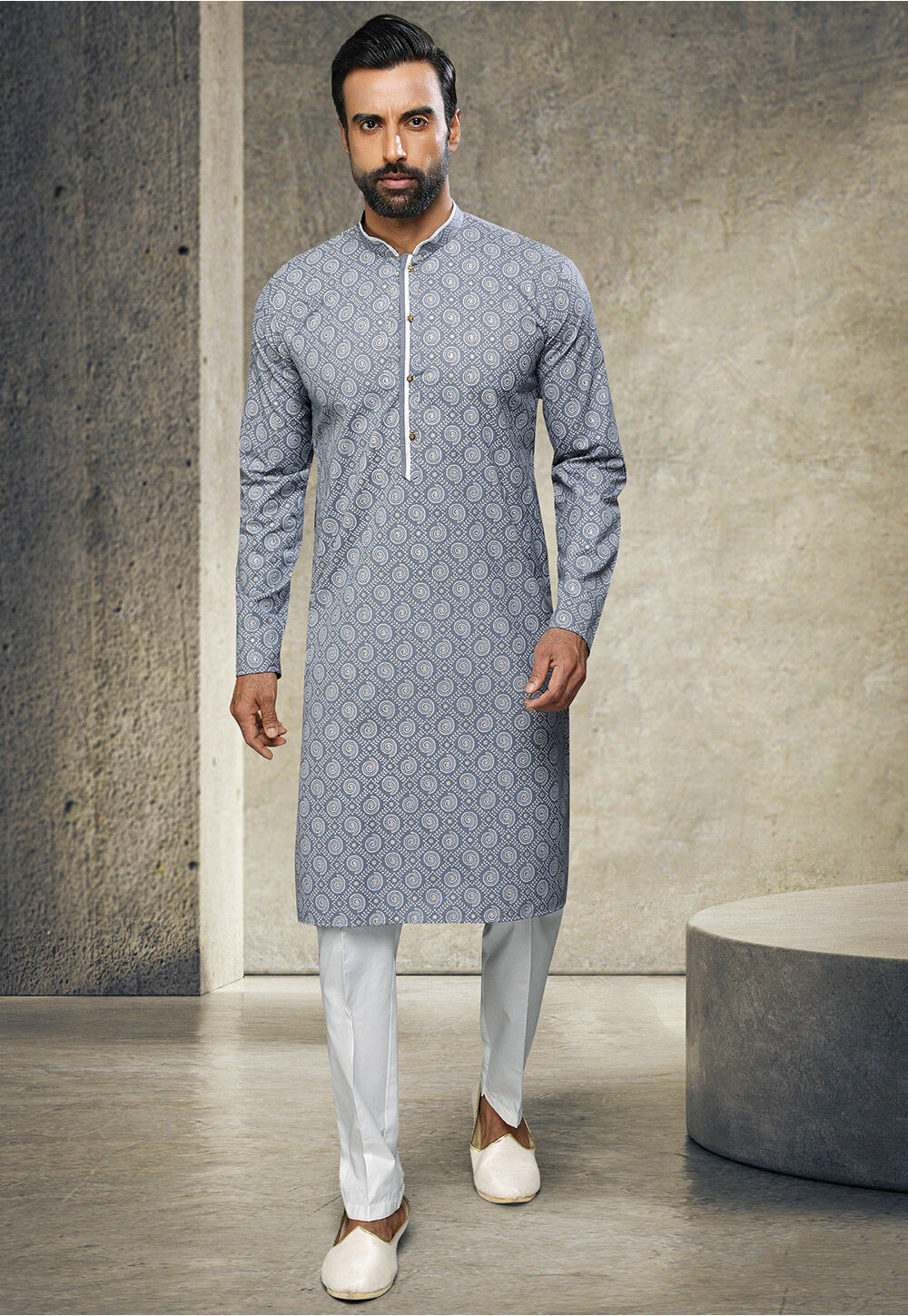 Buy Printed Art Silk Kurta Set in Grey Online : MLY563 - Utsav Fashion