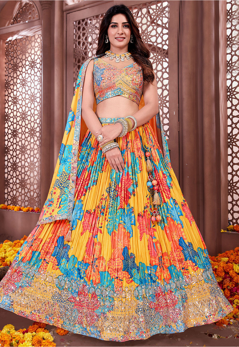 Buy Printed Art Silk Lehenga in Multicolor Online : LCZ241 - Utsav Fashion