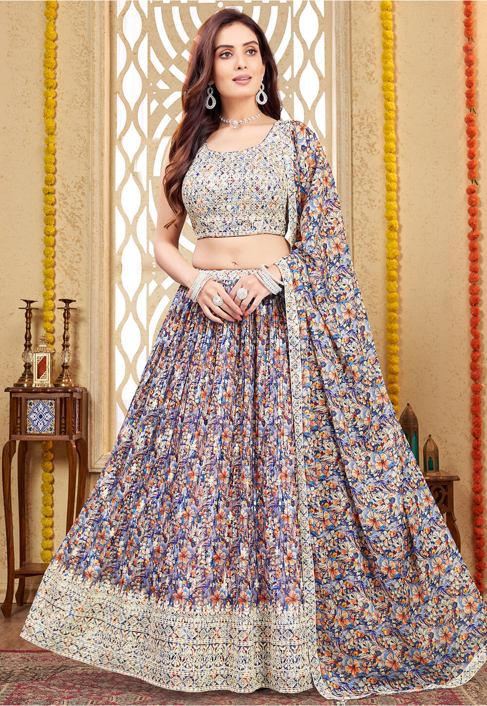 Buy Printed Art Silk Lehenga in Multicolor Online : LCZ276 - Utsav Fashion