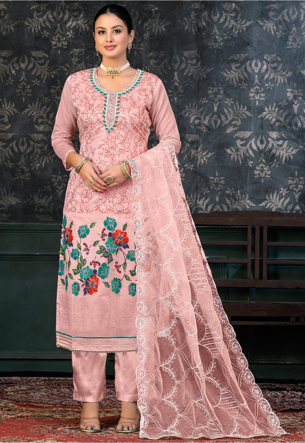Buy Printed Chanderi Silk Pakistani Suit in Pink Online : KJC3145 ...