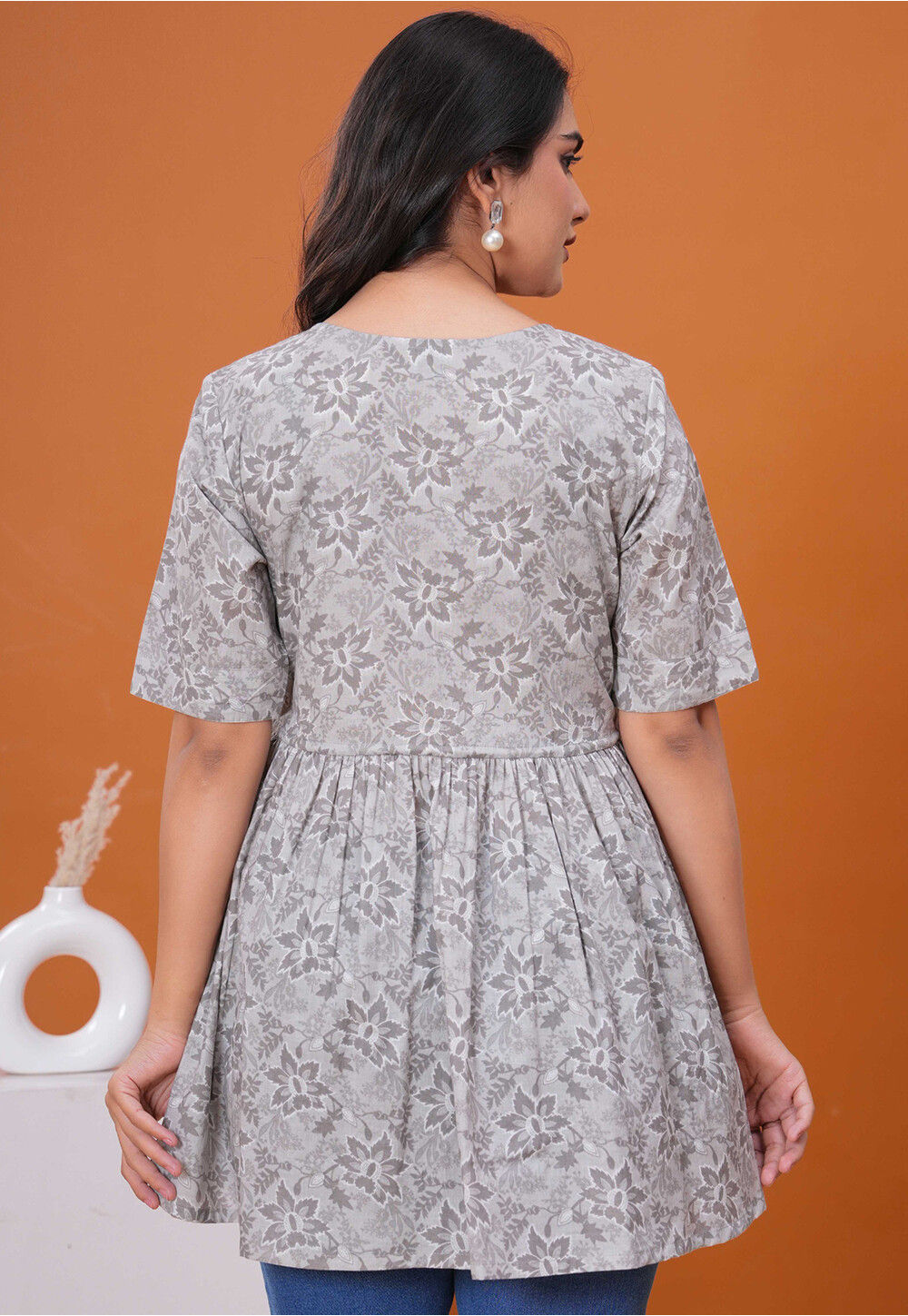 Buy Printed Cotton A Line Kurti in Grey Online : TWJ5977 - Utsav Fashion