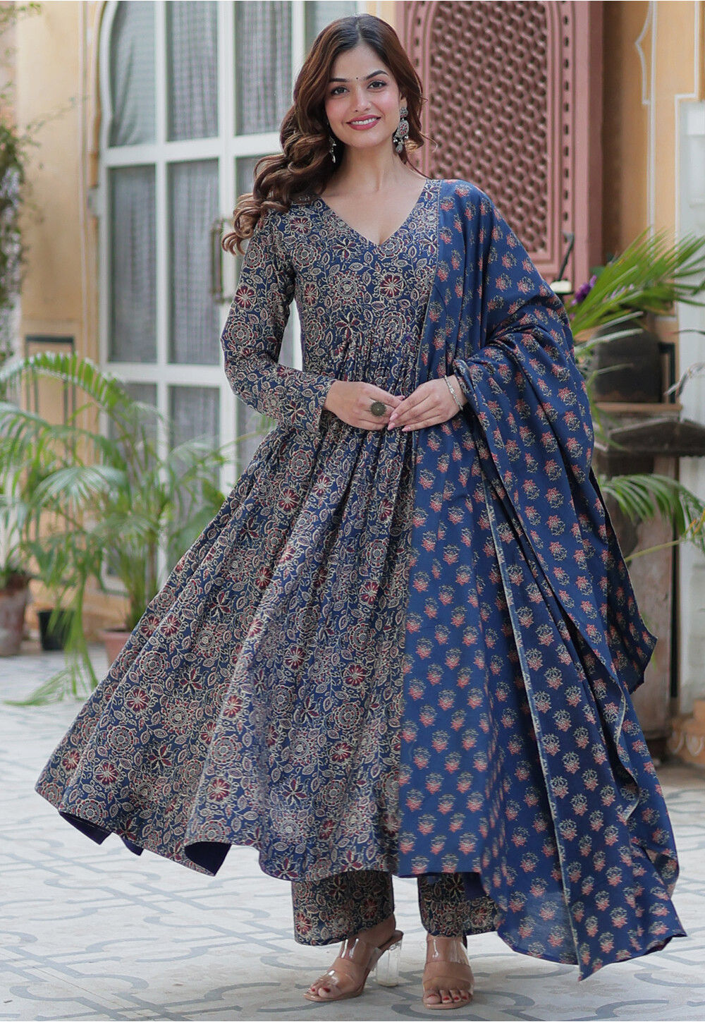 Buy Printed Cotton A Line Suit in Navy Blue Online : KJC5557 - Utsav ...
