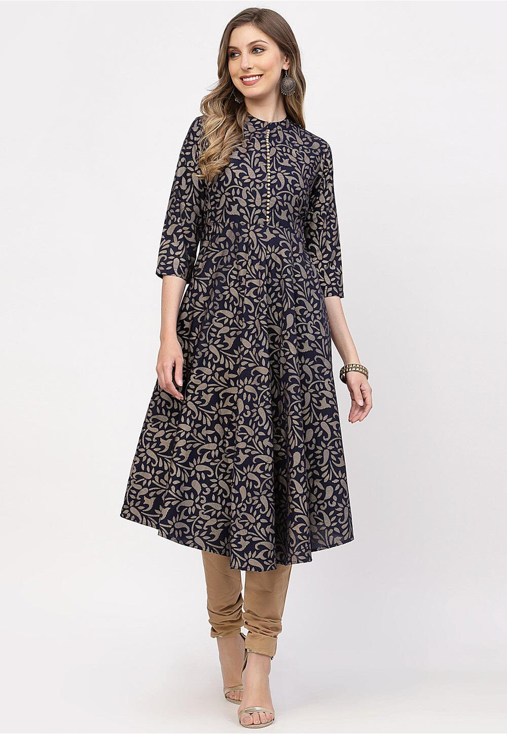 Buy Printed Cotton A Line Suit in Navy Blue Online : KVE365 - Utsav Fashion
