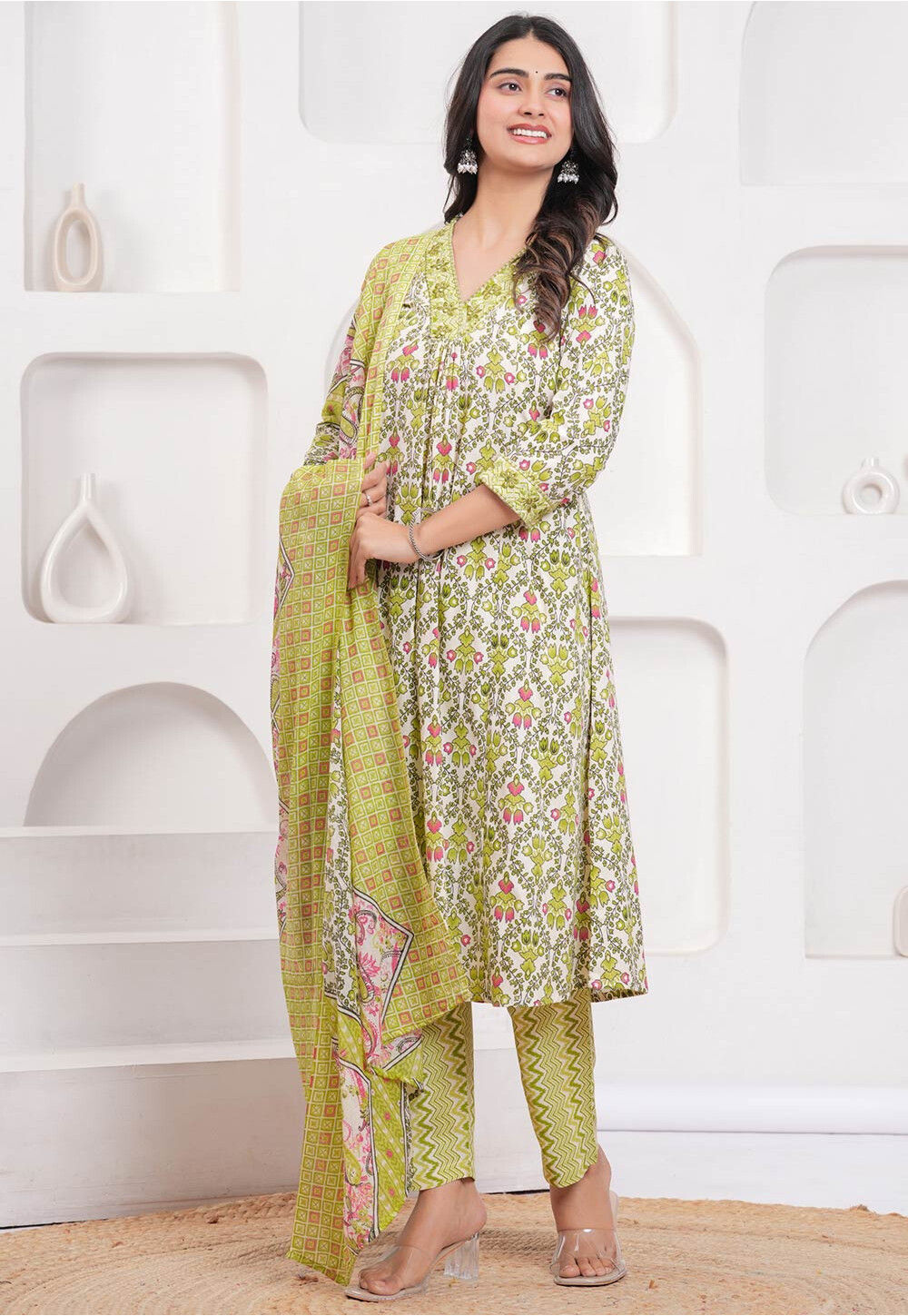 Buy Printed Cotton A Line Suit in White and Green Online : KMN198 ...