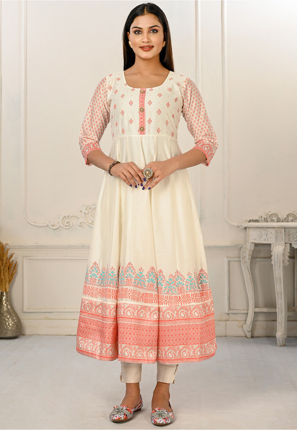 Buy Printed Cotton Aline Kurta in Cream Online : TSJ113 - Utsav Fashion