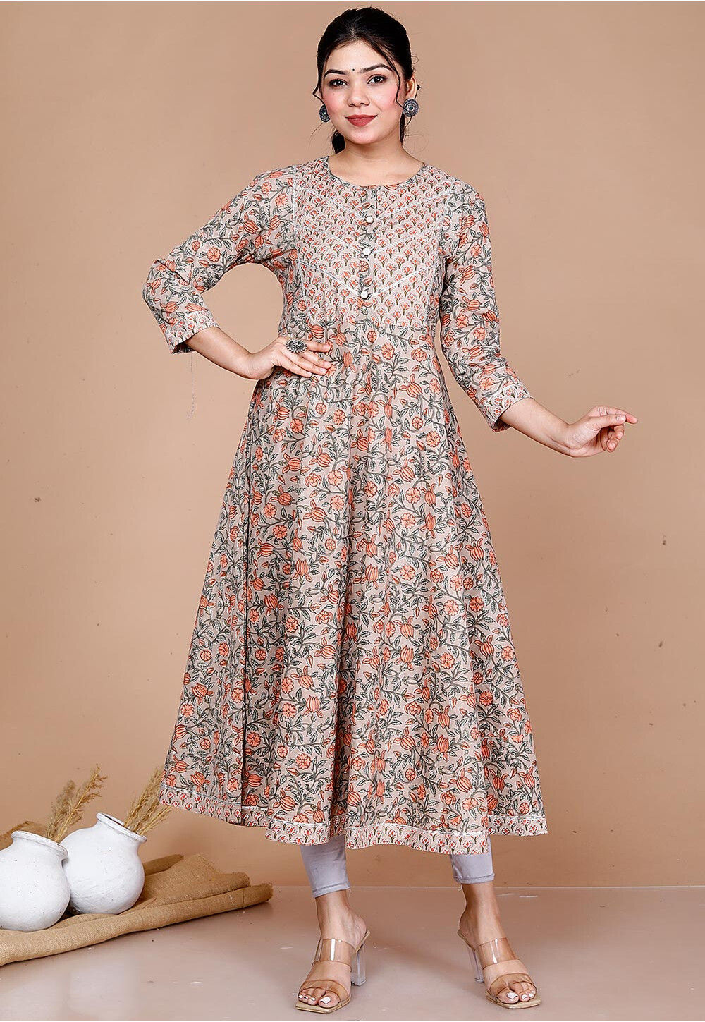 Buy Printed Cotton Aline Kurta in Light Brown Online : TFP240 - Utsav ...