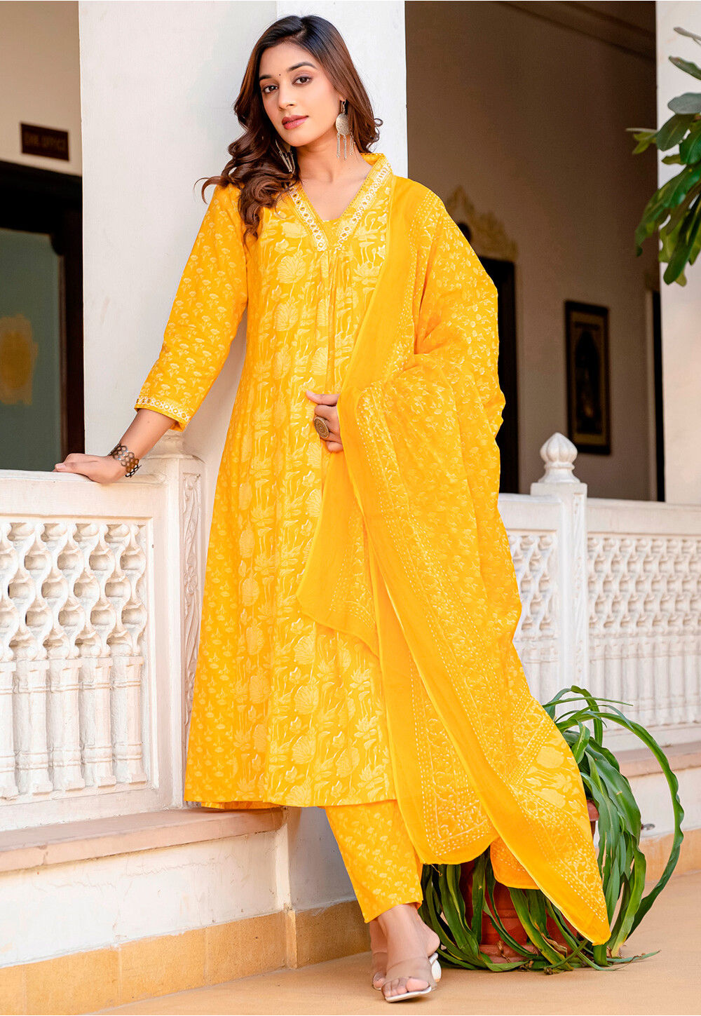 Buy Printed Cotton Aline Suit in Yellow Online : KJG209 - Utsav Fashion