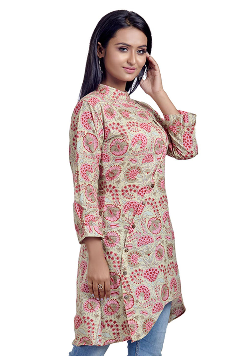 Buy Printed Cotton Asymmetric Tunic in Light Fawn Online : TPG63 ...