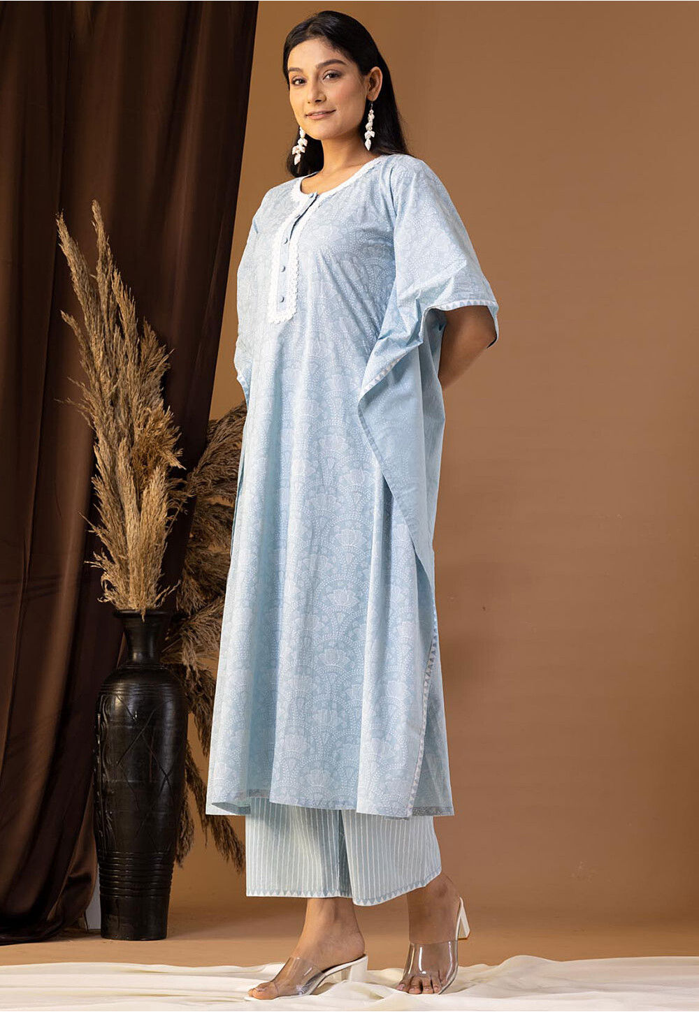 Buy Printed Cotton Cambric Kaftan Set in Sky Blue Online : THQ58 ...